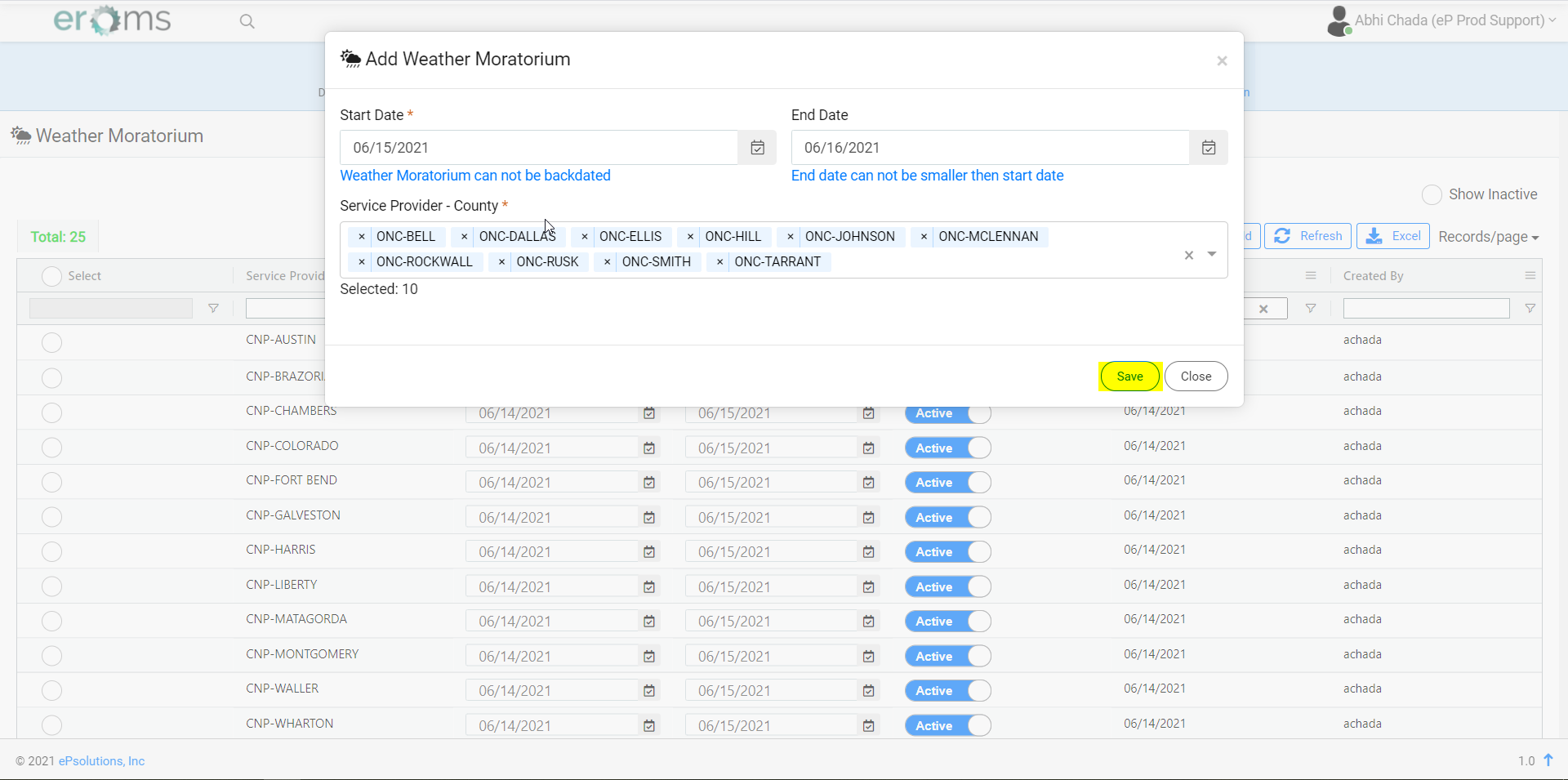 EROMS - Weather Moratoriums – eP Help Center